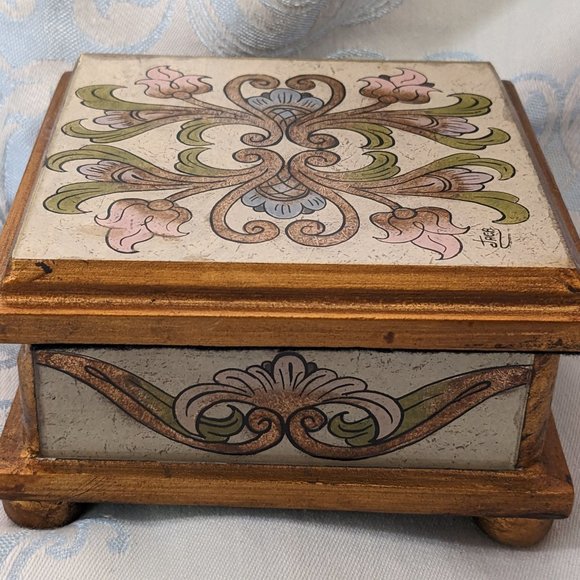 Jewelry | Romantic Hand Painted Reverse Glass Trinket Box Gold Leaf ...